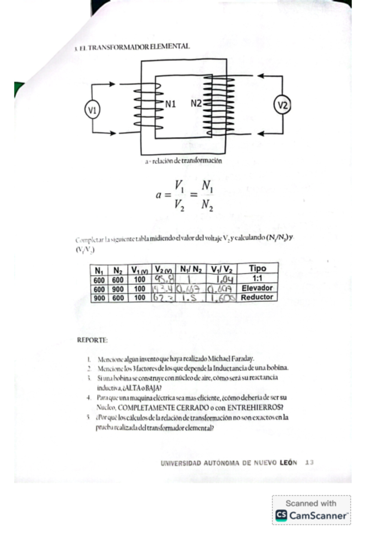Práctica número 5 - 3. EL TRANSFORMADOR ELEMENTAL N1 N2 V2 V1 a relación de transformación V1 N1 ...