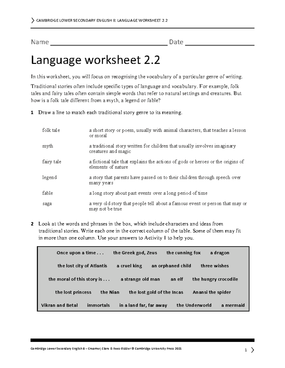 CAMBRIDGE LOWER SECONDARY ENGLISH 8: LANGUAGE WORKSHEET 2.2 - Studocu