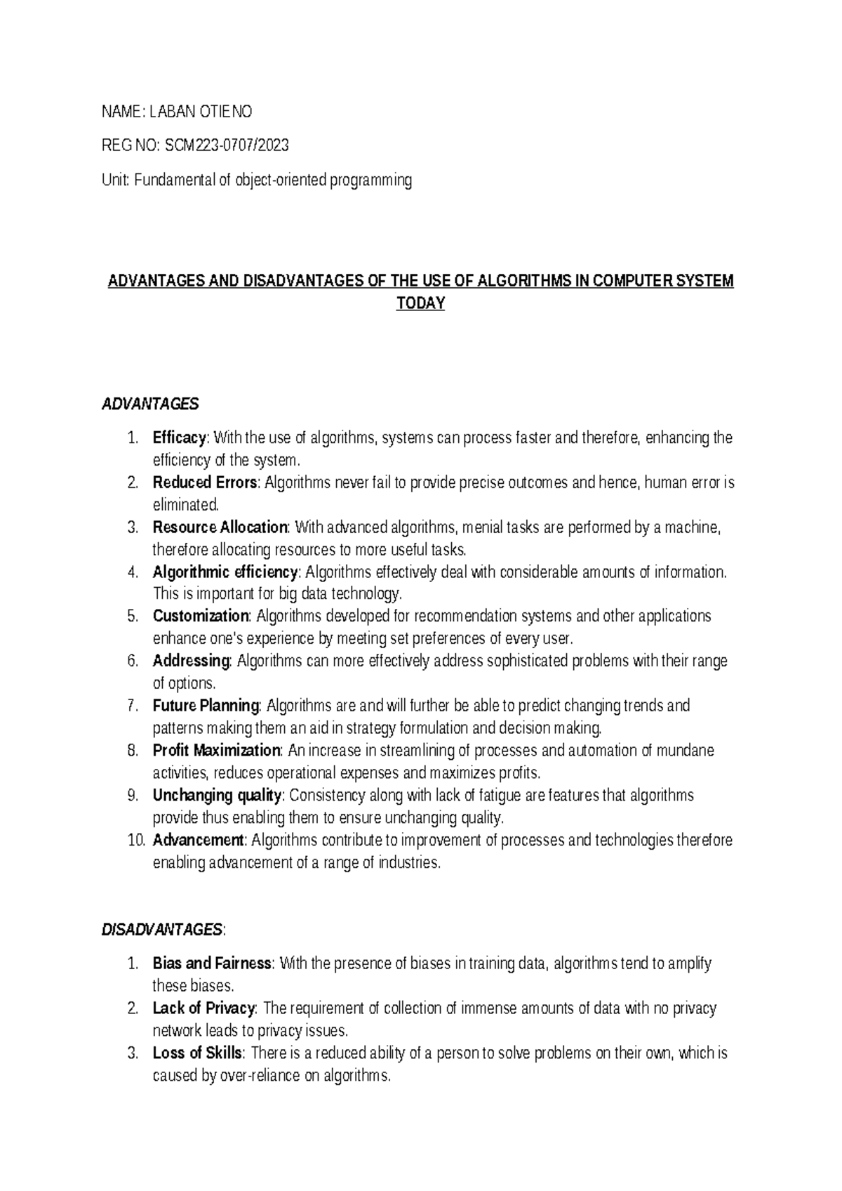 OPP SCM223 - Advantages and Disadvantages of Algorithms in Computing - Studocu