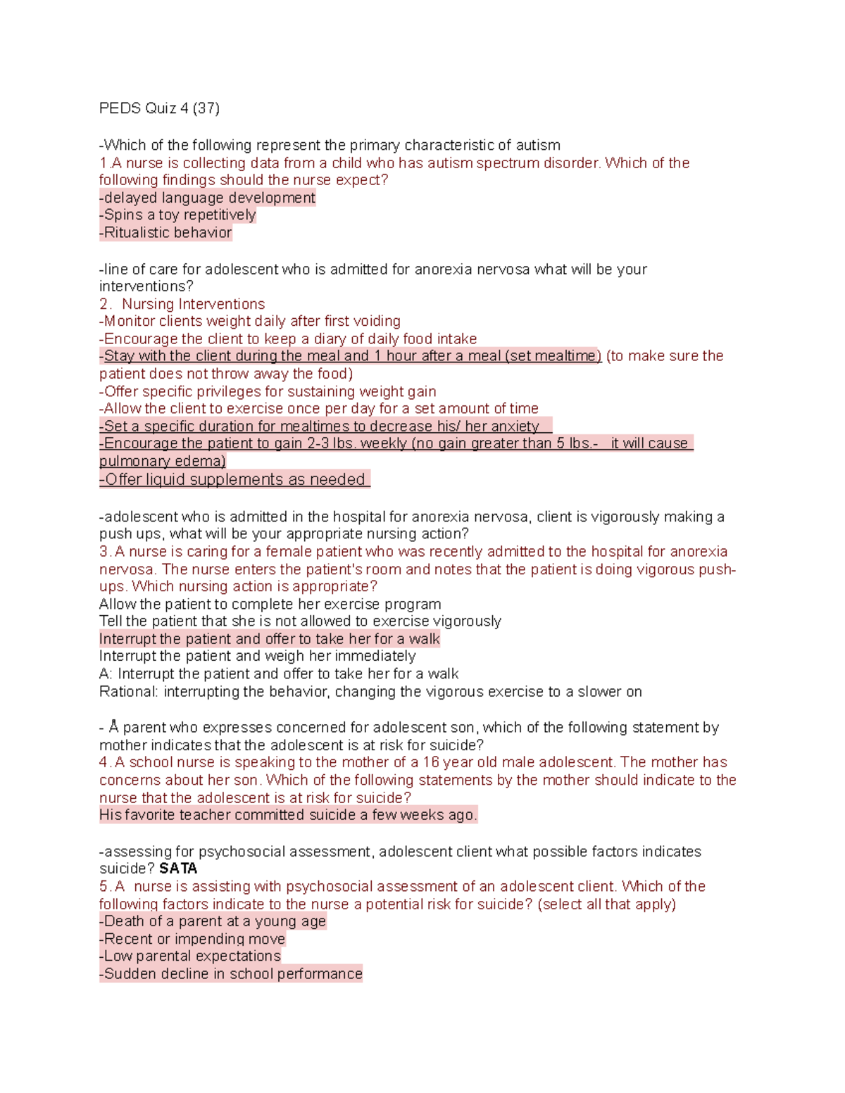 PEDS Quiz 4 Study Notes: Autism, Anorexia & Adolescent Care - Studocu