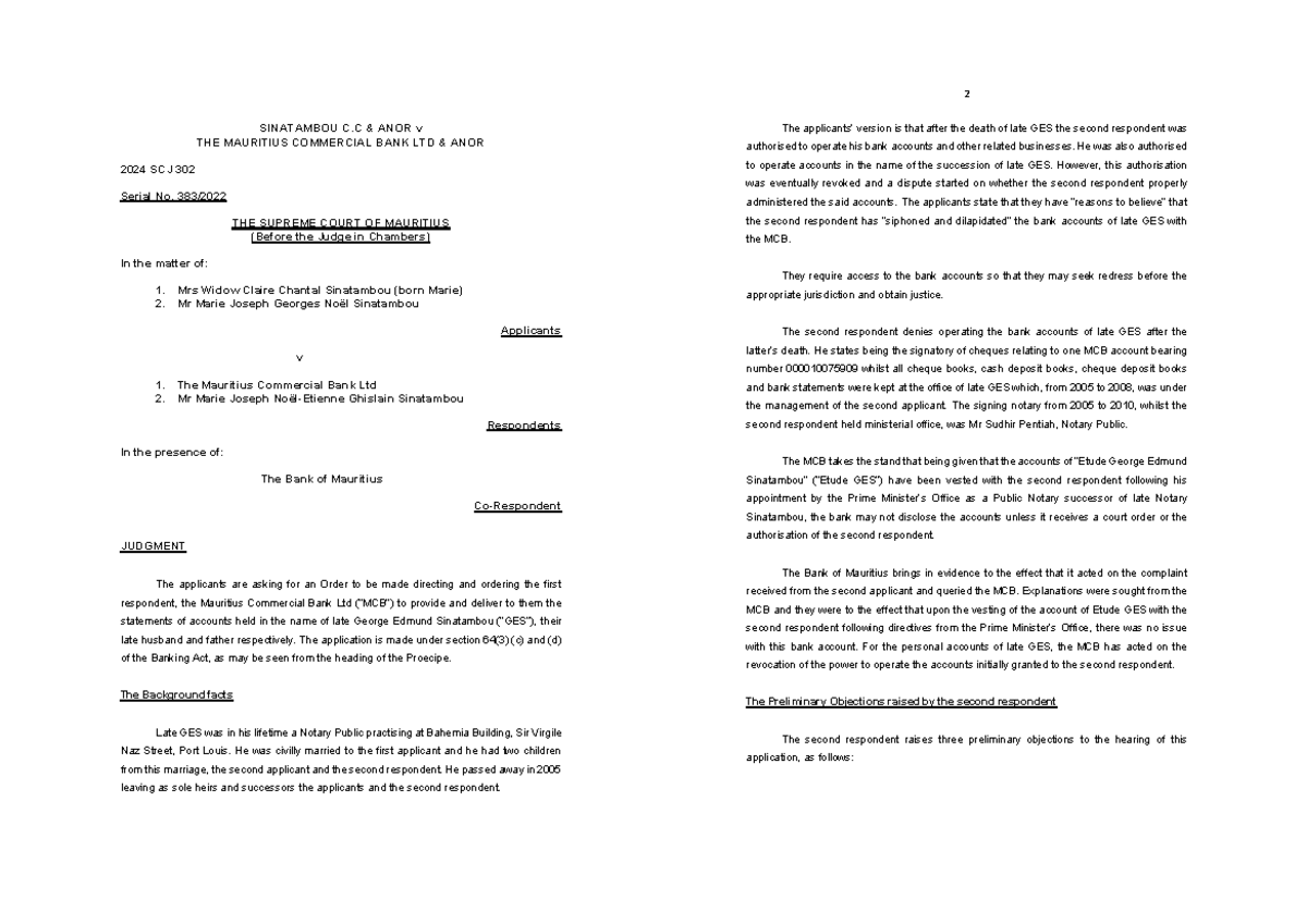 Sinatambou C. & Anor v Mauritius Comm. Bank Ltd: 2024 SCJ 302 Judgment ...