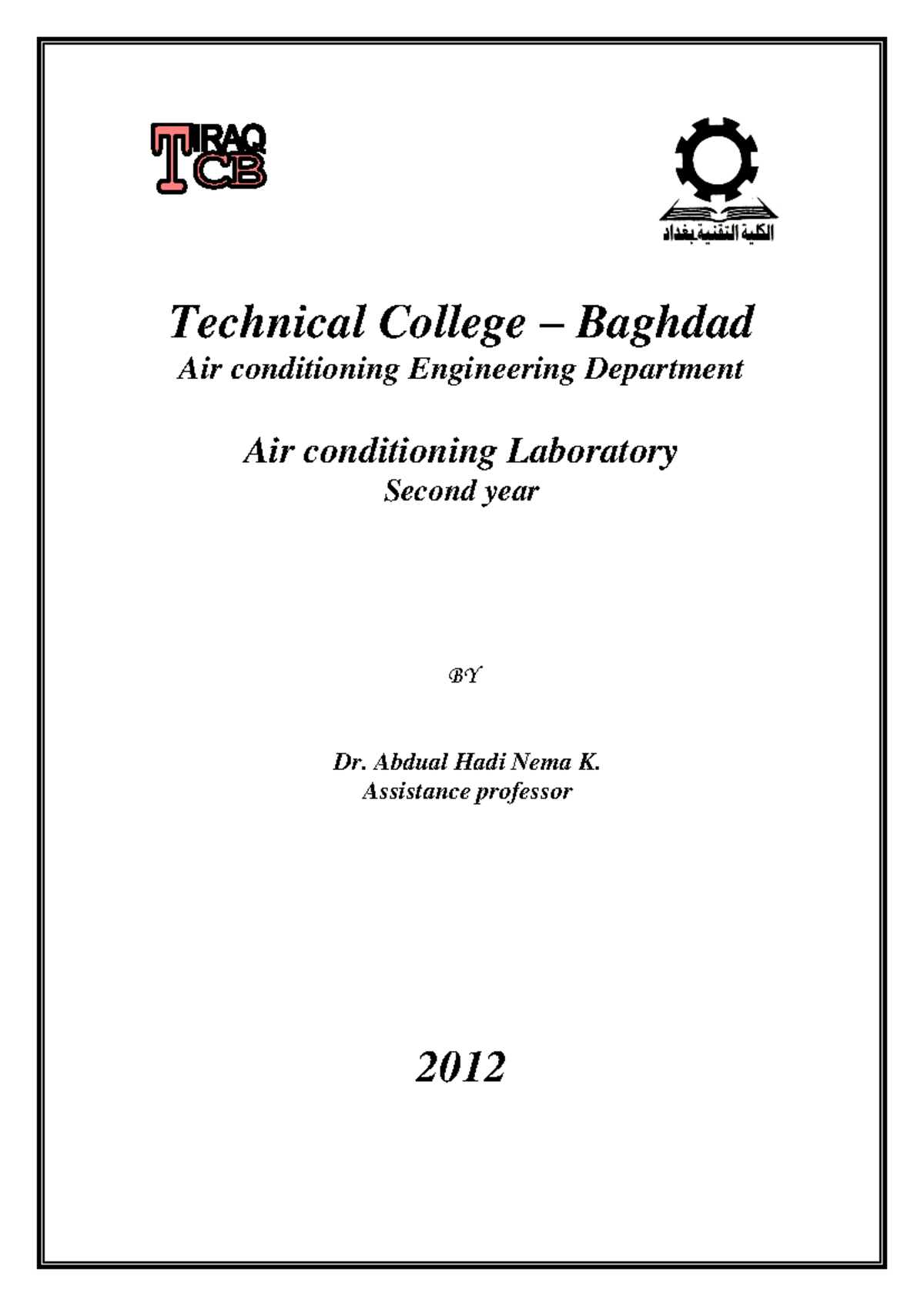 Lab Manual for Second-Year Air Conditioning & Refrigeration Experiments ...