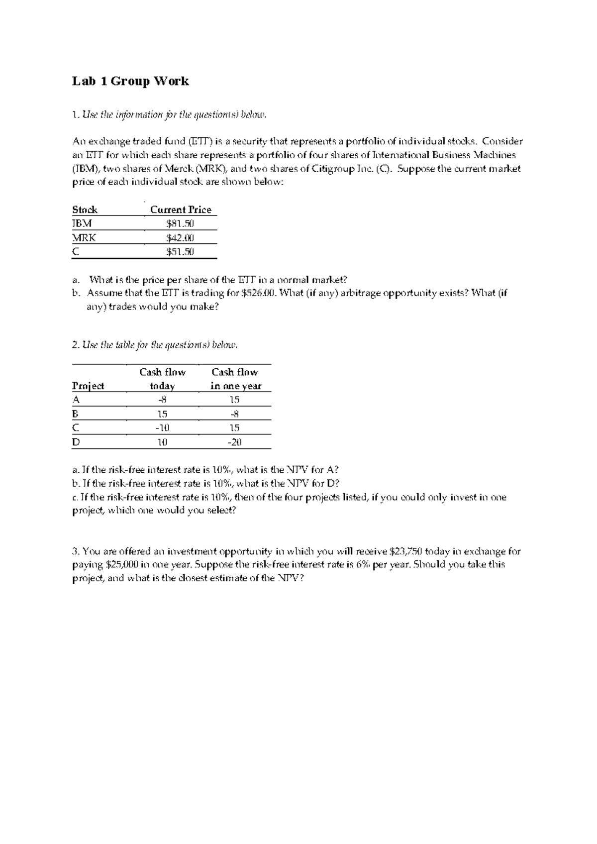 Lab 1 cor fin - lab 1 - Lab 1 Group Work Use the information for the ...