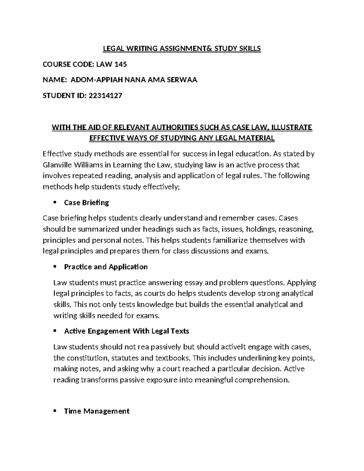 Effective Study Methods for Legal Writing: LAW 145 - Studocu