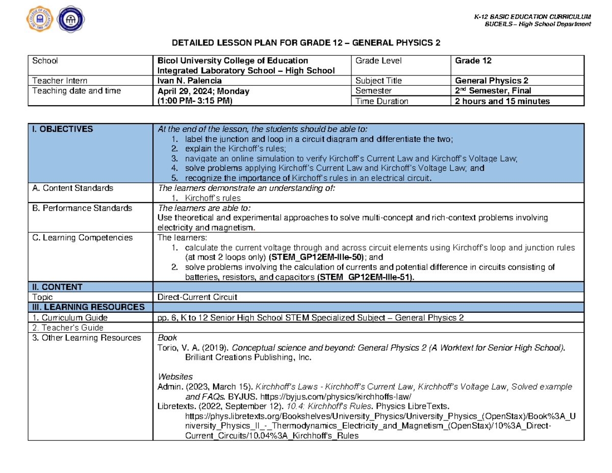 Comprehensive Lesson Plan on Kirchhoff's Rules for Gen. Physics 2 (STEM ...