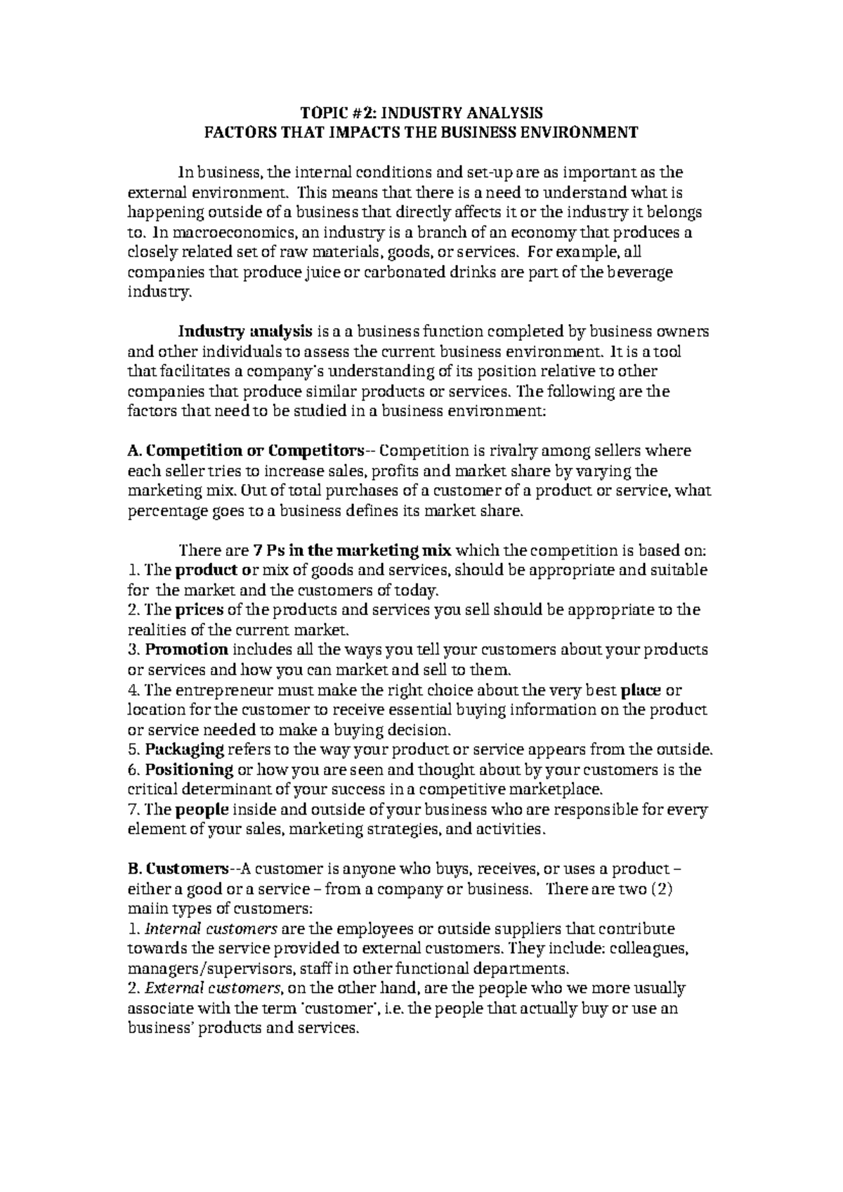 SW Topic-2: Industry Analysis Factors Impacting Business Environment ...