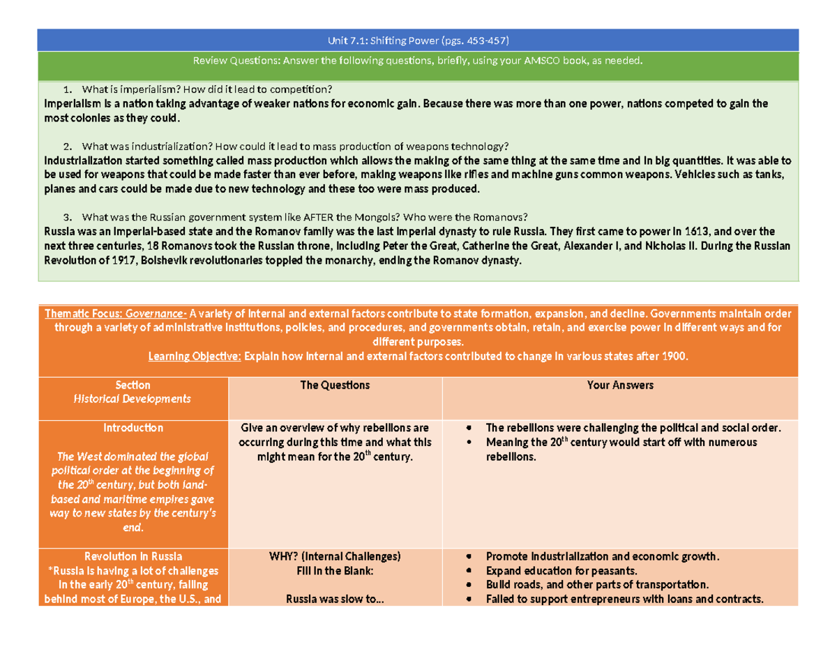 Amsco Guided Reading: Key Insights from Unit 7 on Global Changes - Studocu