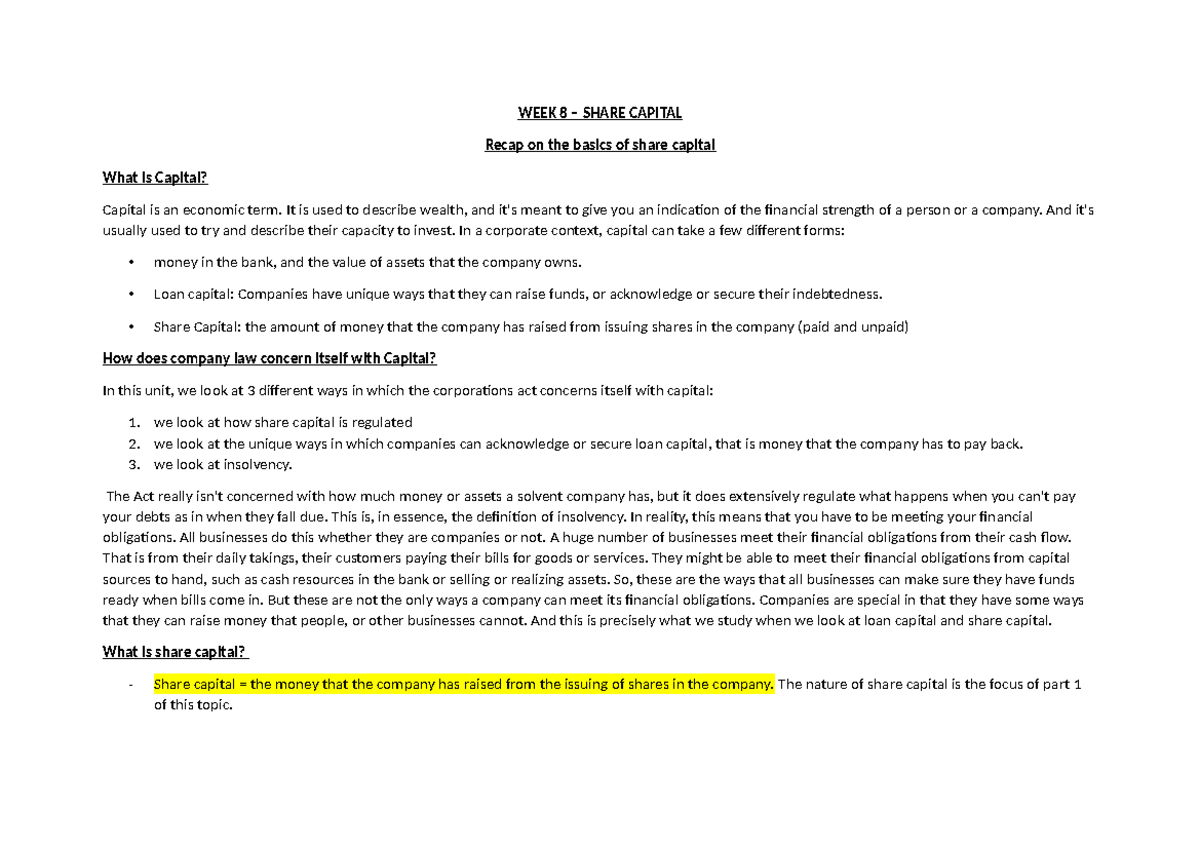 WEEK 8 - Share Capital Overview and Key Principles for Exam - Studocu