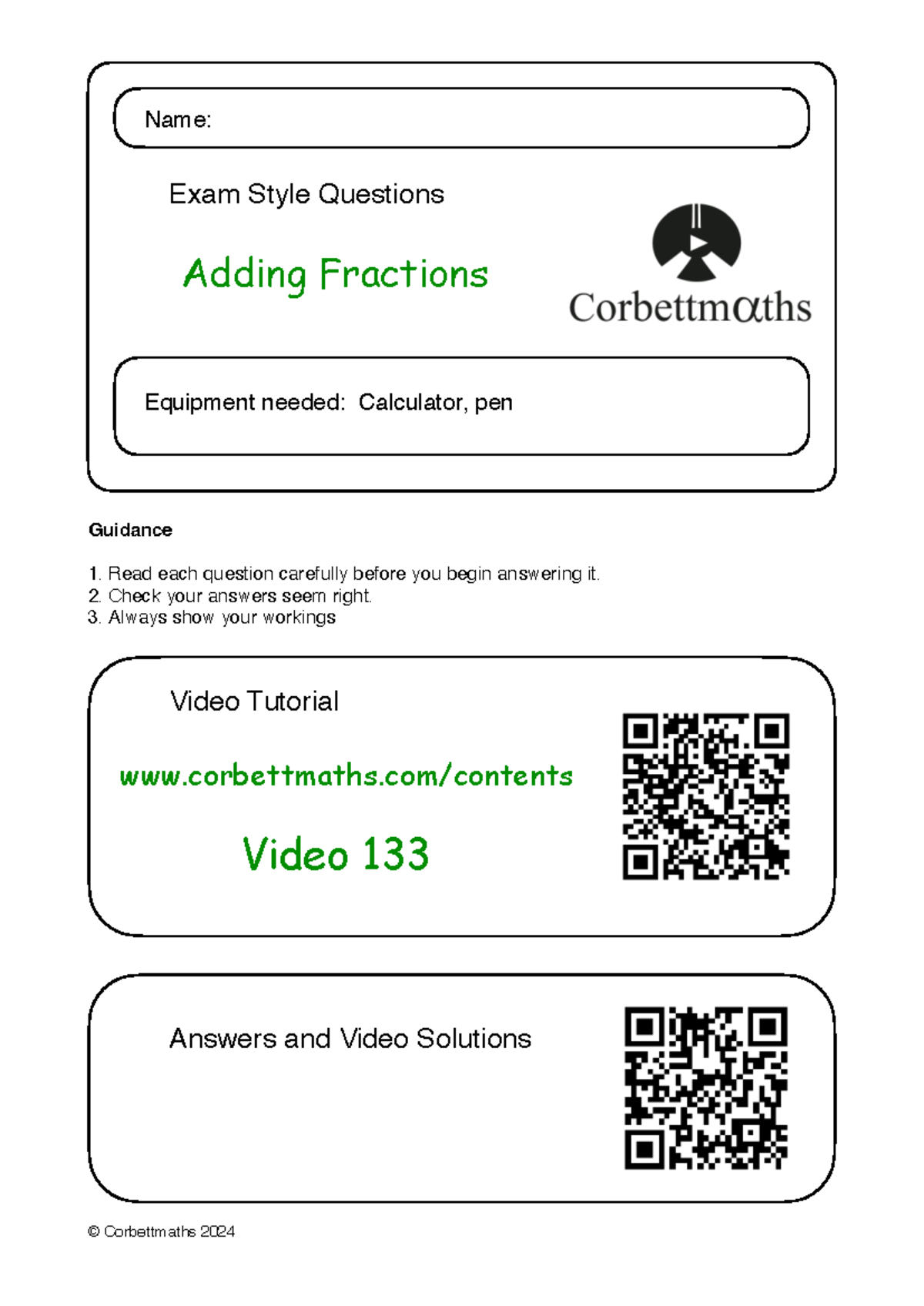Adding Fractions Exam Style Questions - Corbettmaths 2024 - Studocu