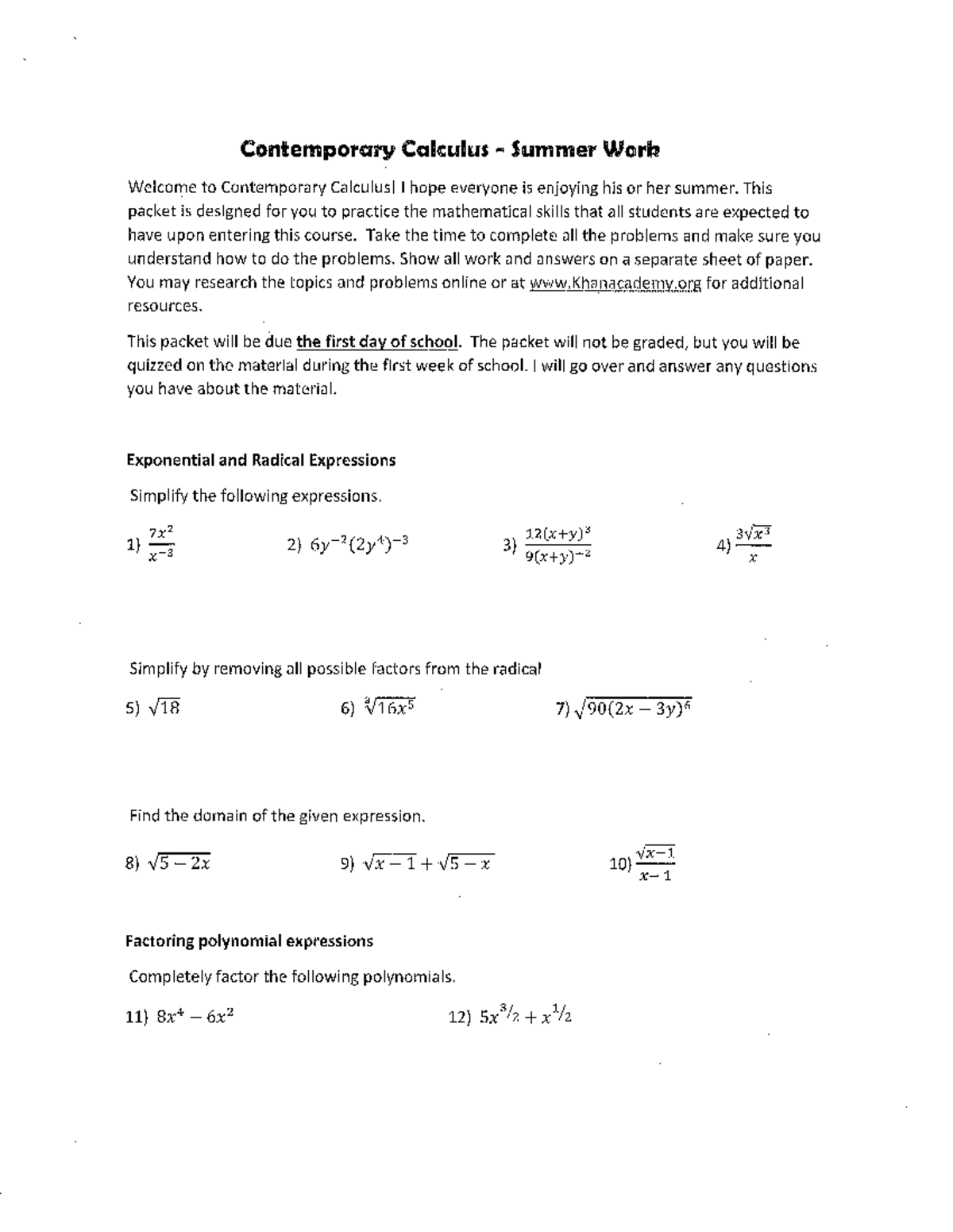 Calculus Summer Work Packet - Contemporary Calculus part Summer Work ...