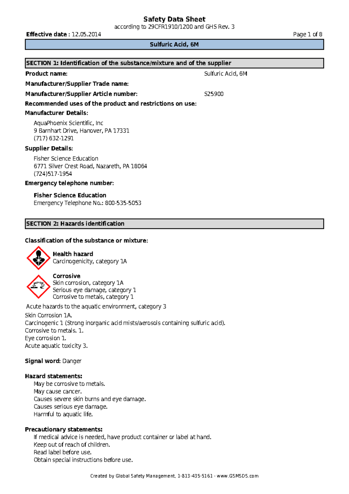 6M H2SO4 Safety Data Sheet: Hazards & Precautions - Studocu