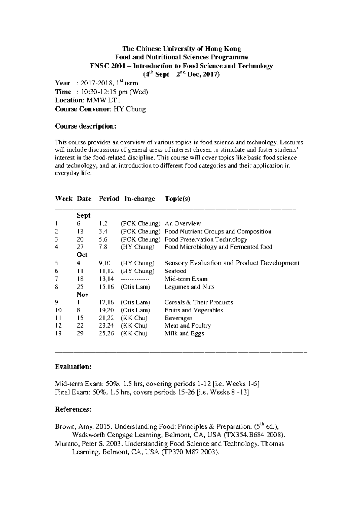 FNSC 2001 - Introduction to Food Science and Technology Course Outline ...