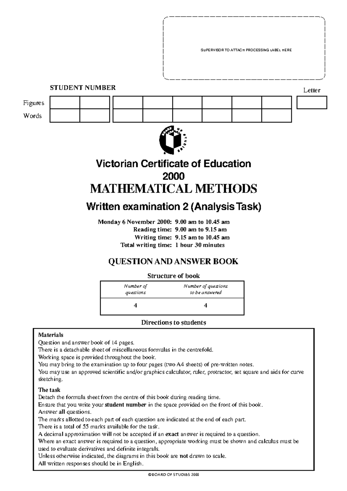 2000 VCAA Mathematical Methods Exam 2 Review Guide - Studocu