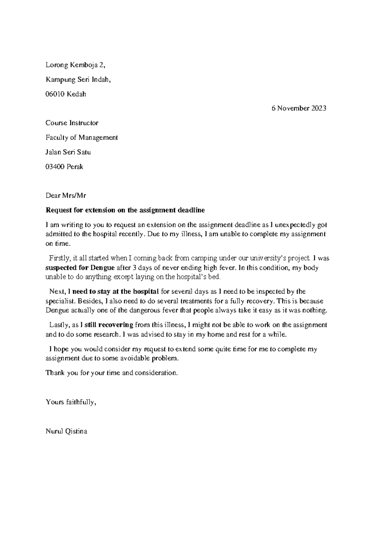 Request for Assignment Extension - Formal Letter - Studocu