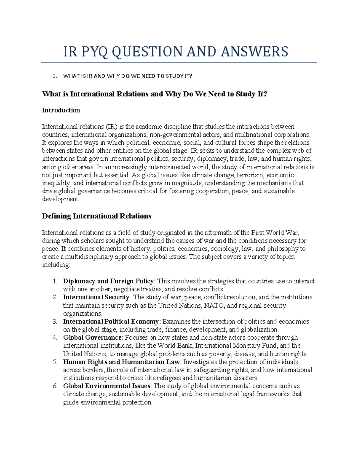IR PYQ - Analyzing International Relations, Nationalism, and Conflicts - Studocu