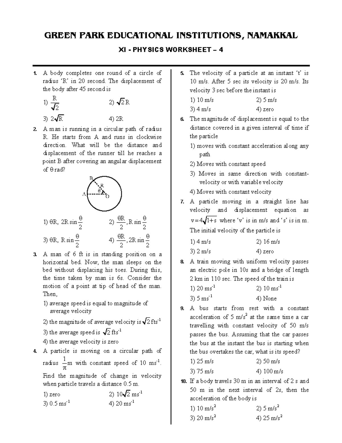 XI PHYSICS WORKSHEET 4: 1D & 2D Motion Problems - Studocu