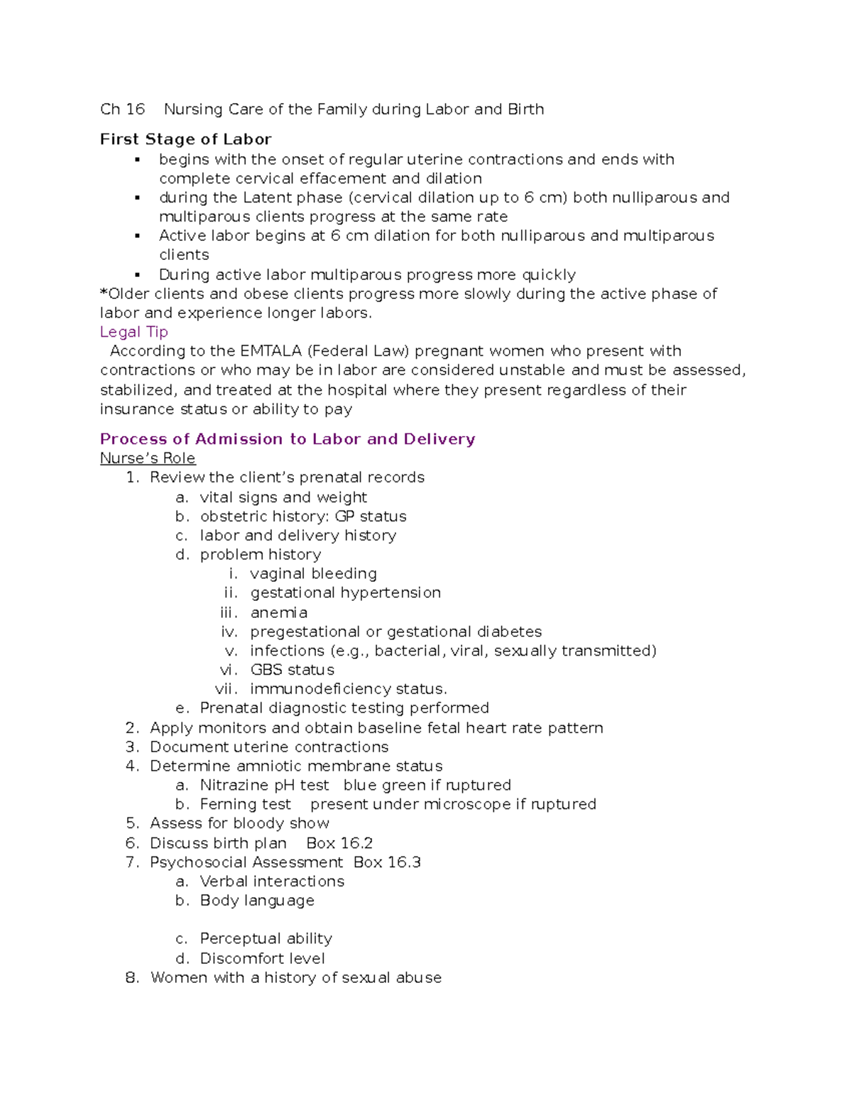 Labor and Birth Process Overview - Ch 16 Nursing Care Wk 3 - Studocu
