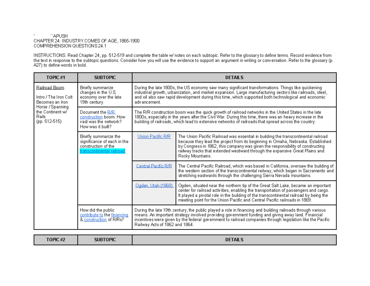 APUSH Chapter 24 Comprehension Questions: Industry Comes of Age - Studocu