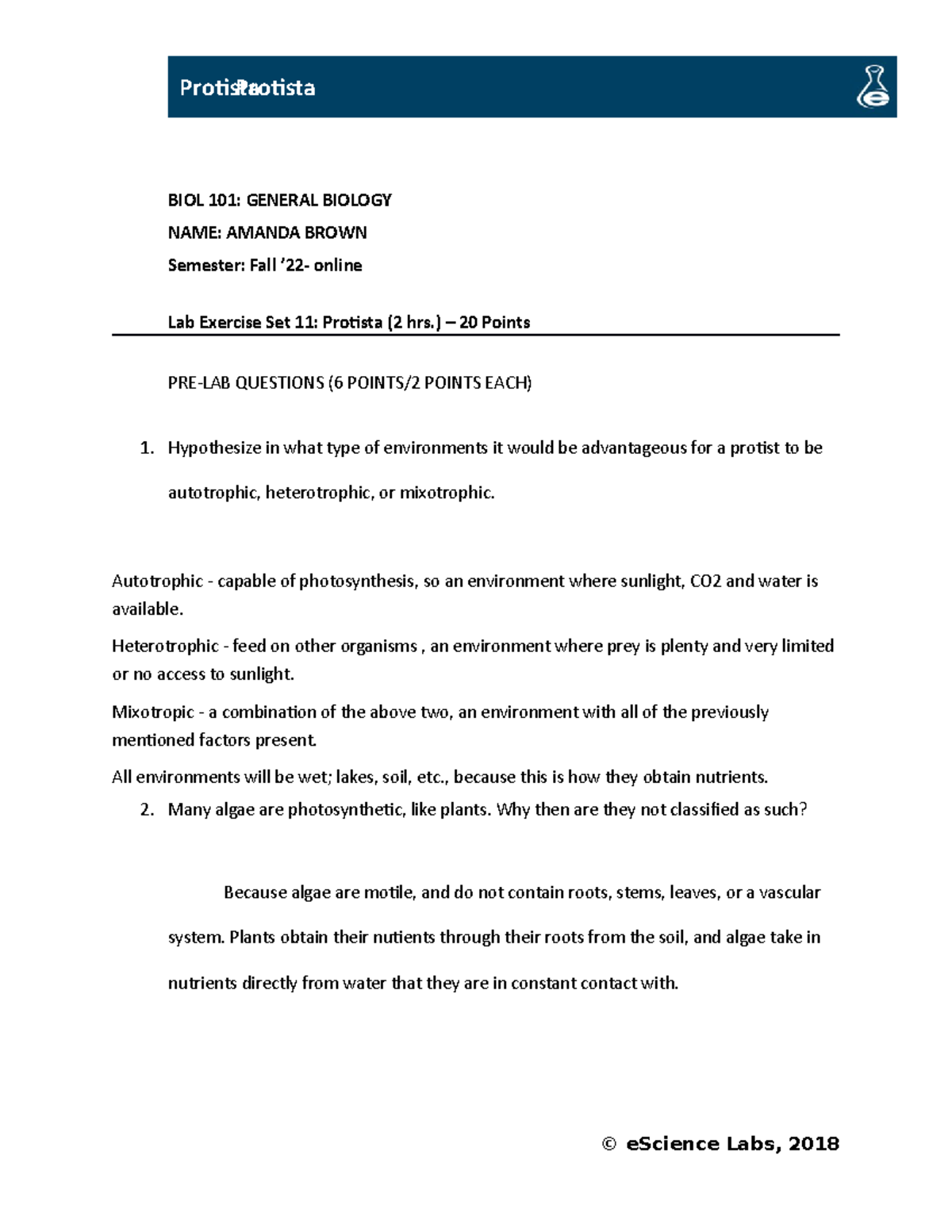 Module 11 Protista - Escience biology lab workbook. - BIOL 101: GENERAL BIOLOGY NAME: AMANDA ...