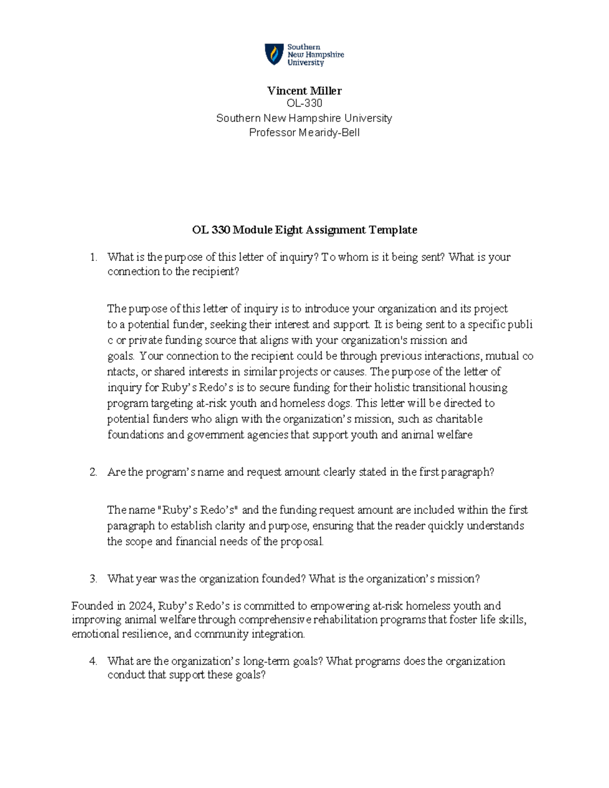 OL 330 Module 8 Assignment: Letter of Inquiry to Funders - Studocu