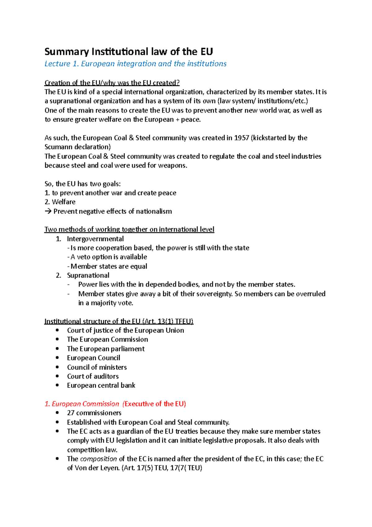 Summary of EU Institutional Law: Key Insights from Lectures 1-3 ...