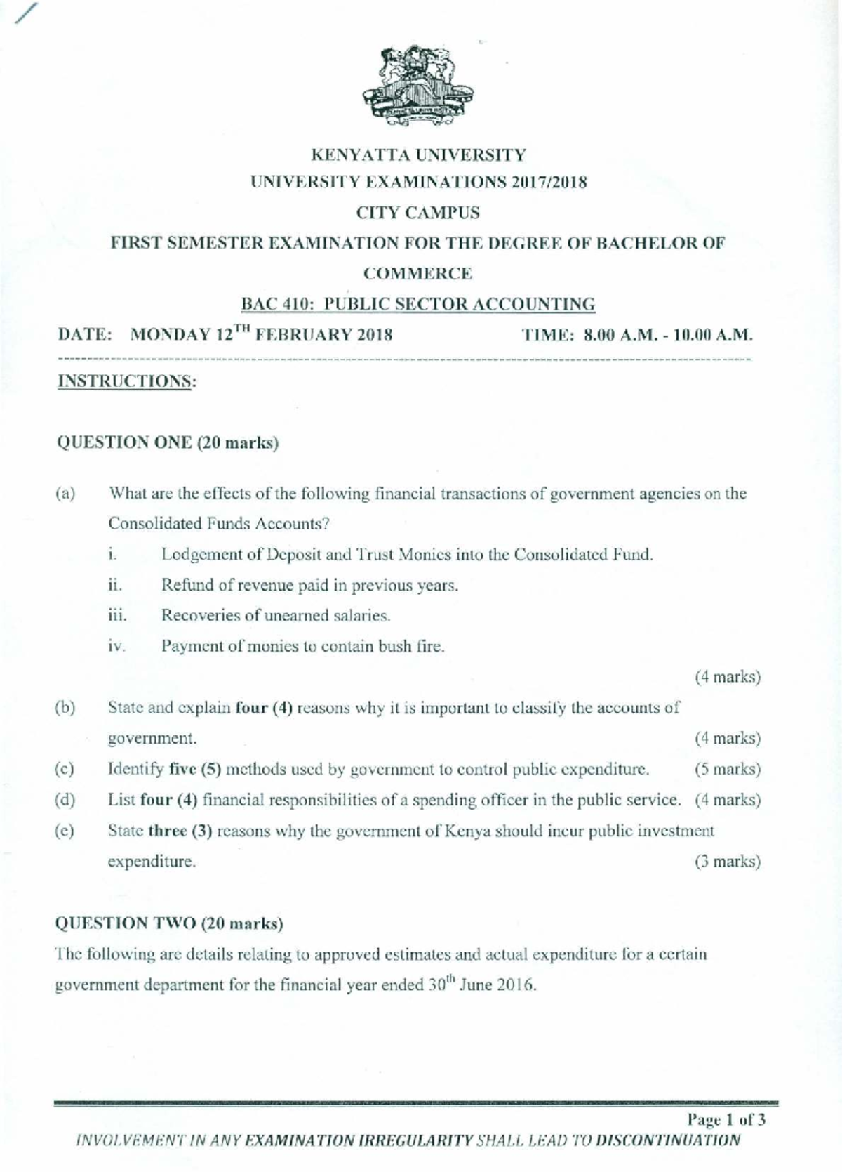 BAC 410: Public Sector Accounting Exam Questions & Answers 2018 - Studocu