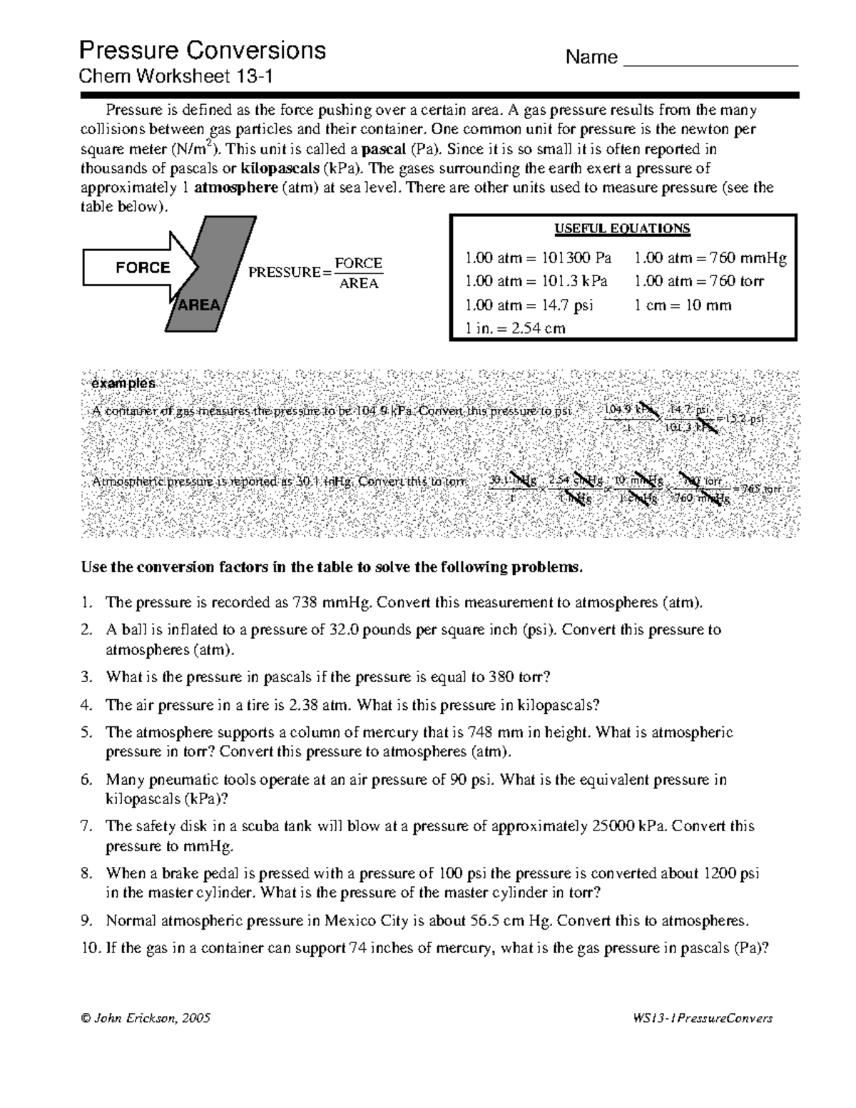 Chemistry WS 13-1: Pressure Conversion Worksheet with Examples - Studocu