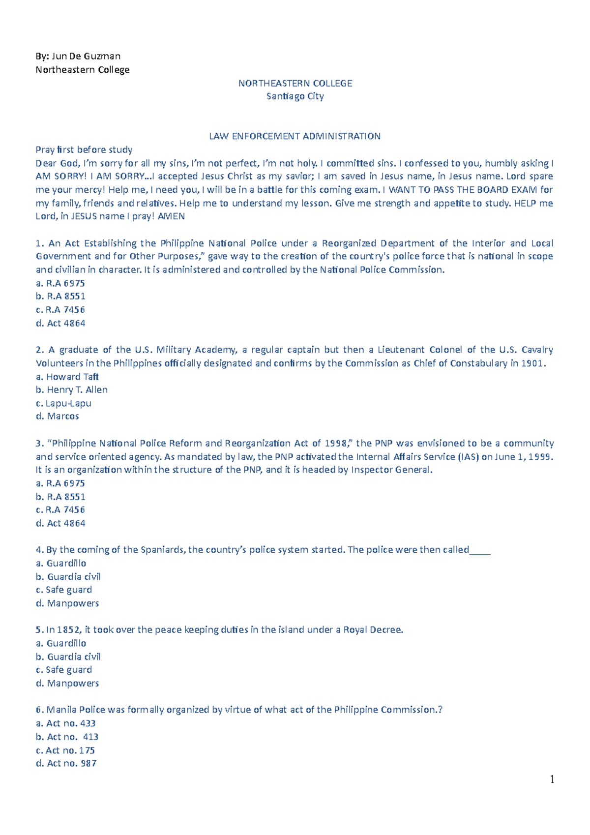 LEA 1K Final Exam Review - Law Enforcement Administration Guide - Studocu