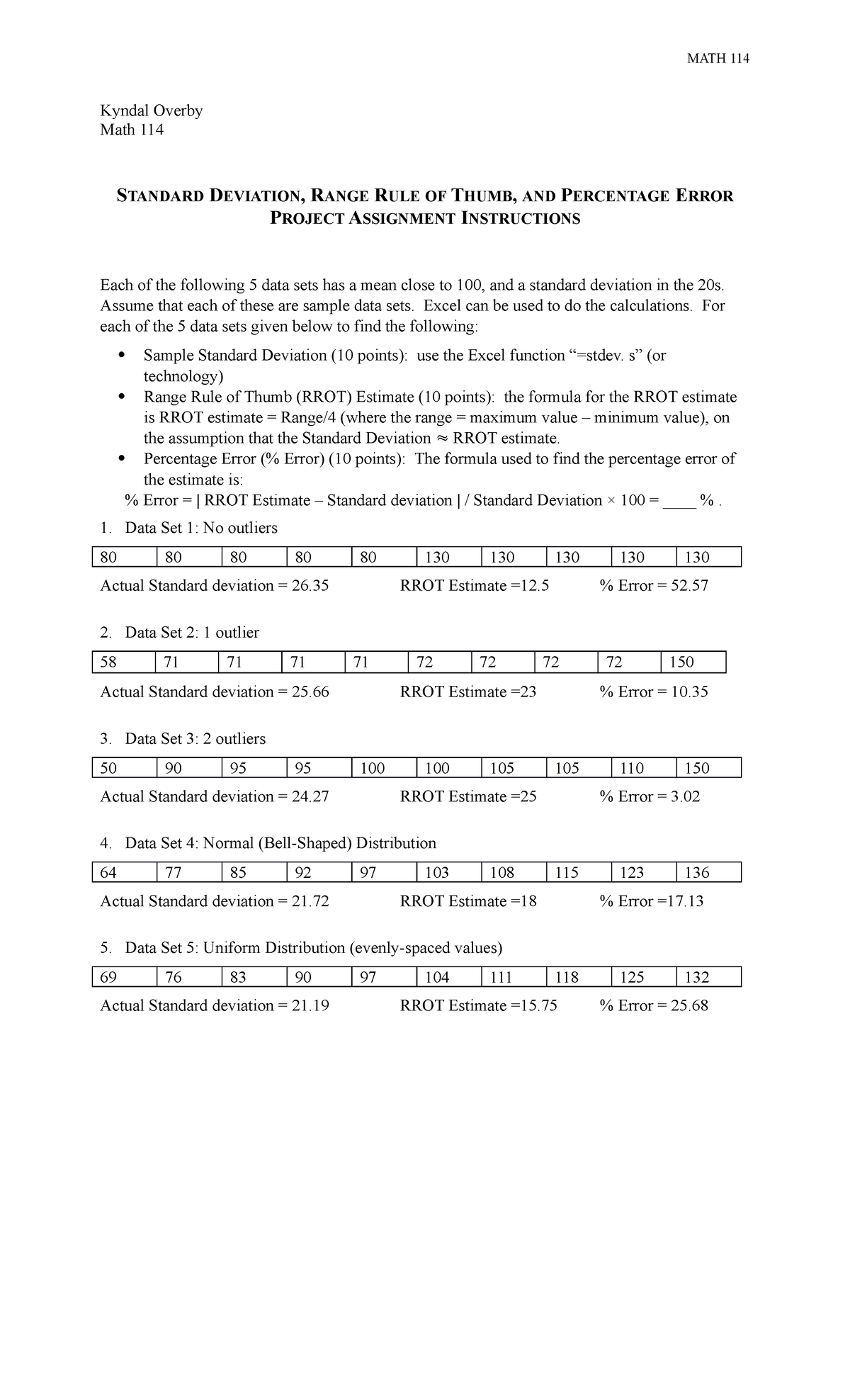 MATH 114 Project on Standard Deviation, RROT & % Error Analysis - Studocu