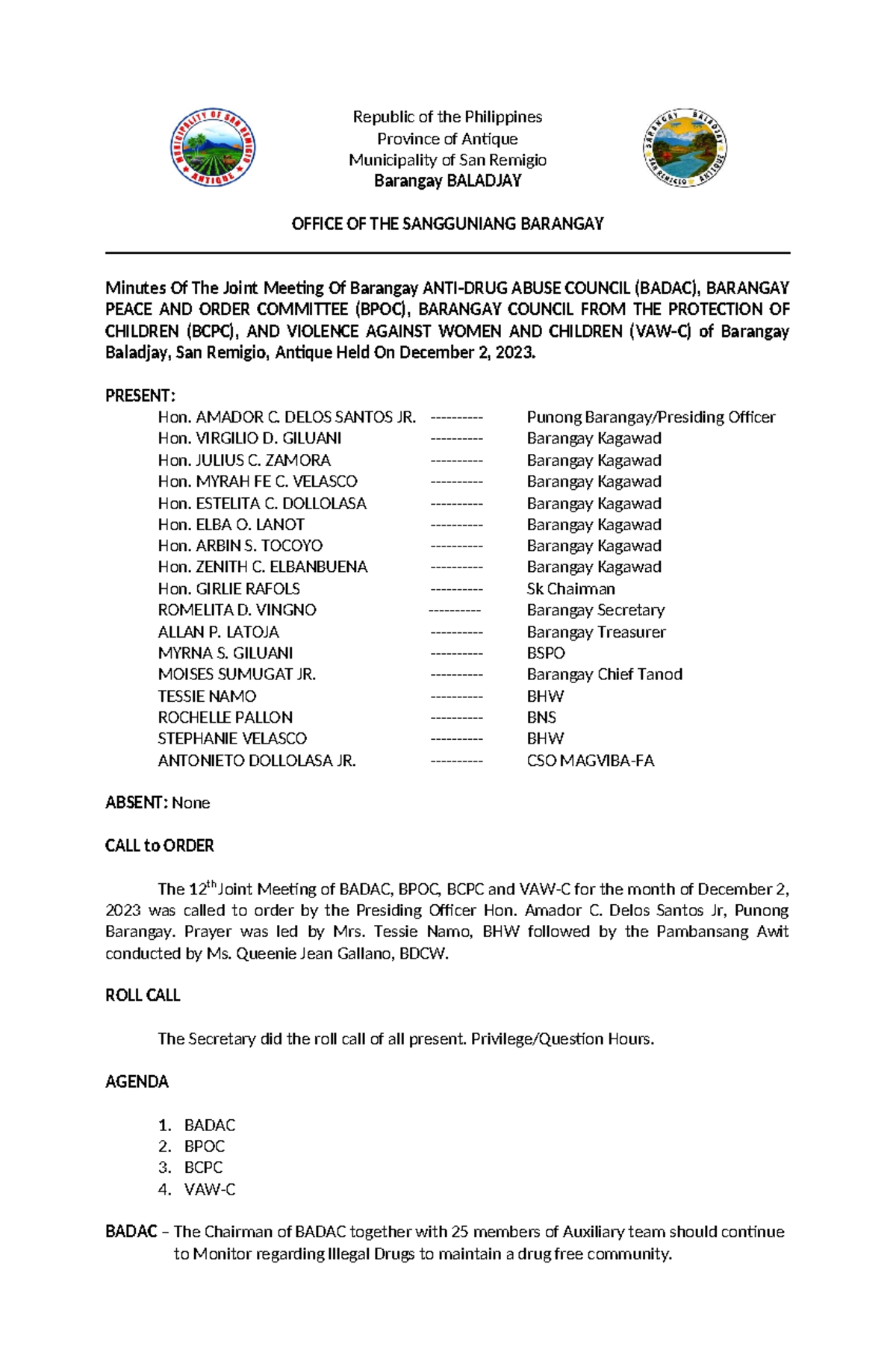 Minutes of Joint Meeting: BADAC, BPOC, BCPC, VAWC - Dec 2, 2023 - Studocu