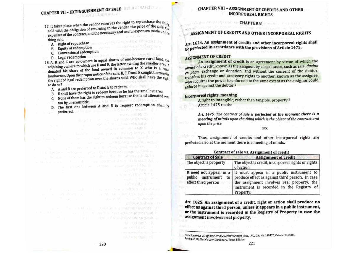 CHAPTER 8-9: ASSIGNMENT OF CREDITS & INCORPOREAL RIGHTS - LEGAL ISSUES ...