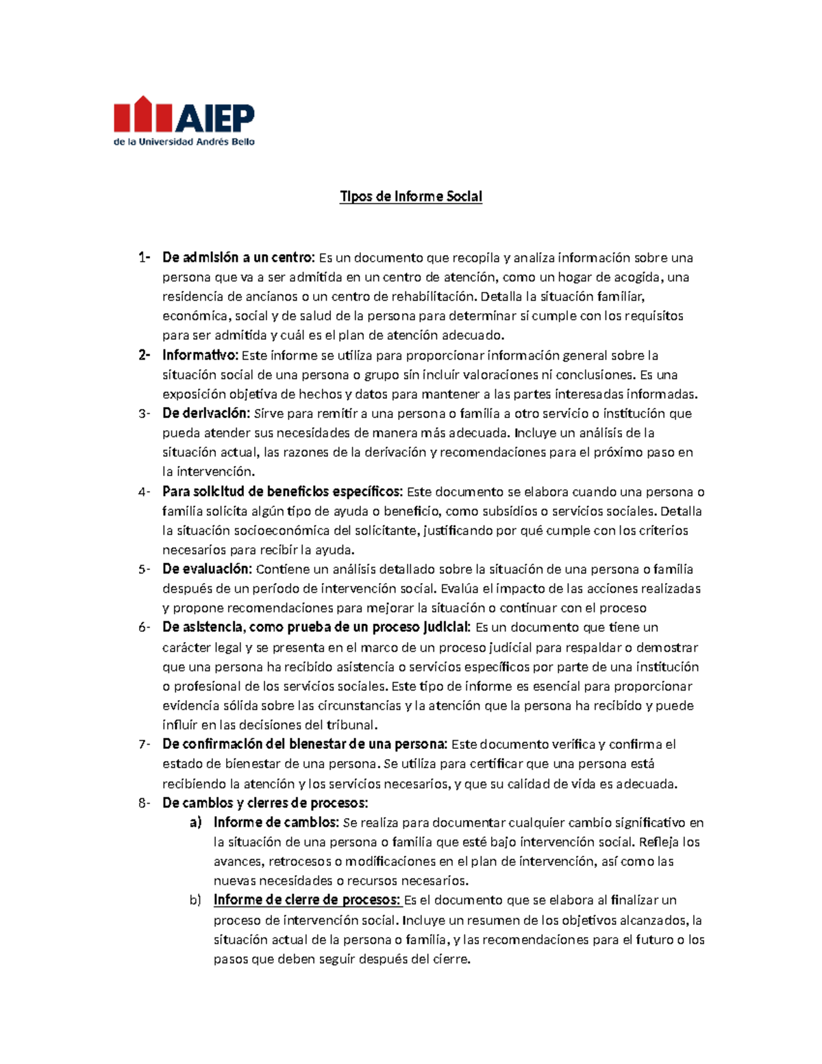 Tipos de Informes Sociales: Diferencias y Aplicaciones Prácticas - Studocu