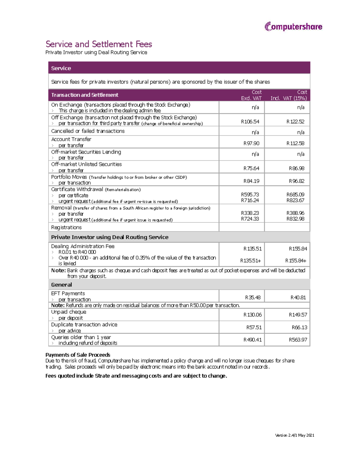 01052021 - Service & Settlement Fees for Private Investors - Studocu