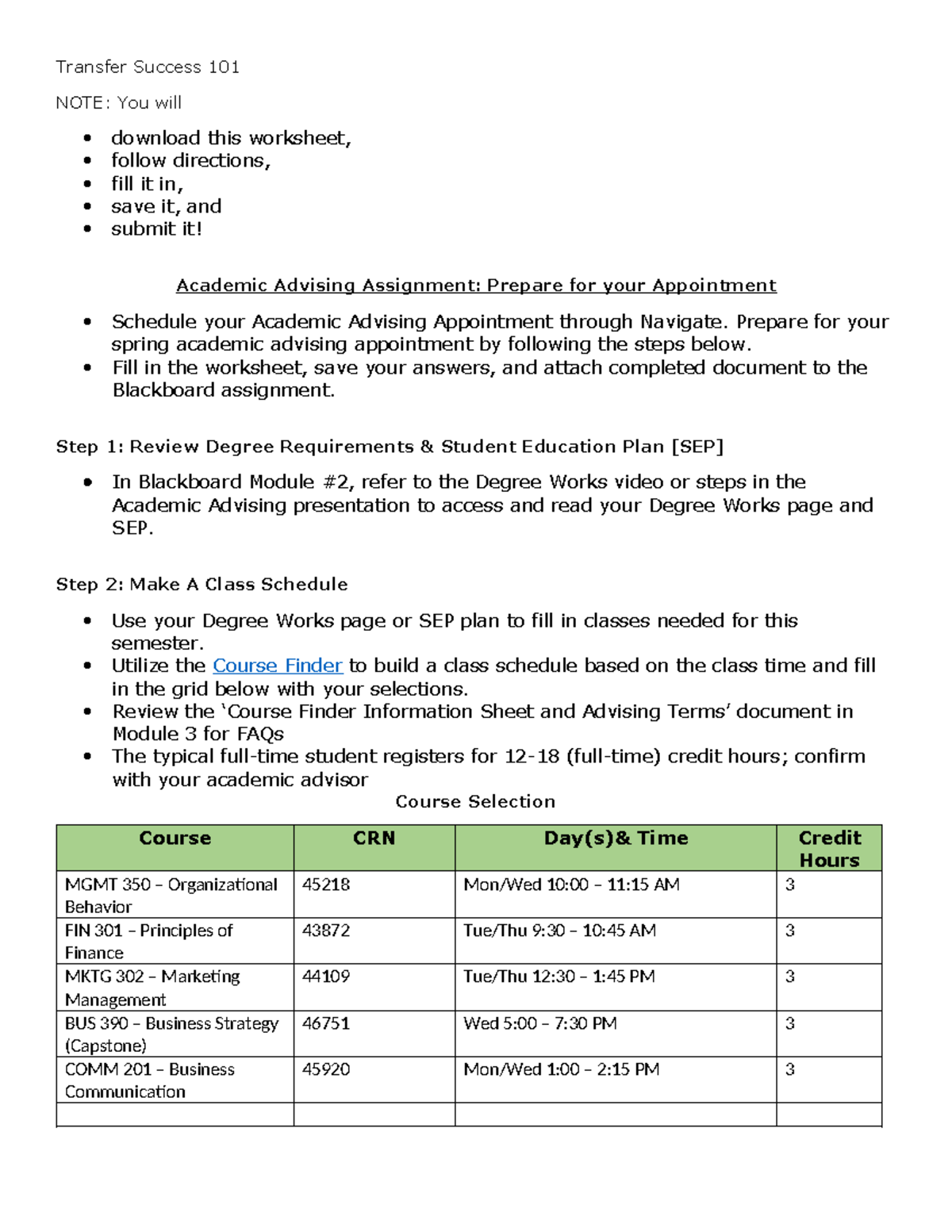 Academic Advising Assignment: Transfer Success 101 Worksheet - Studocu