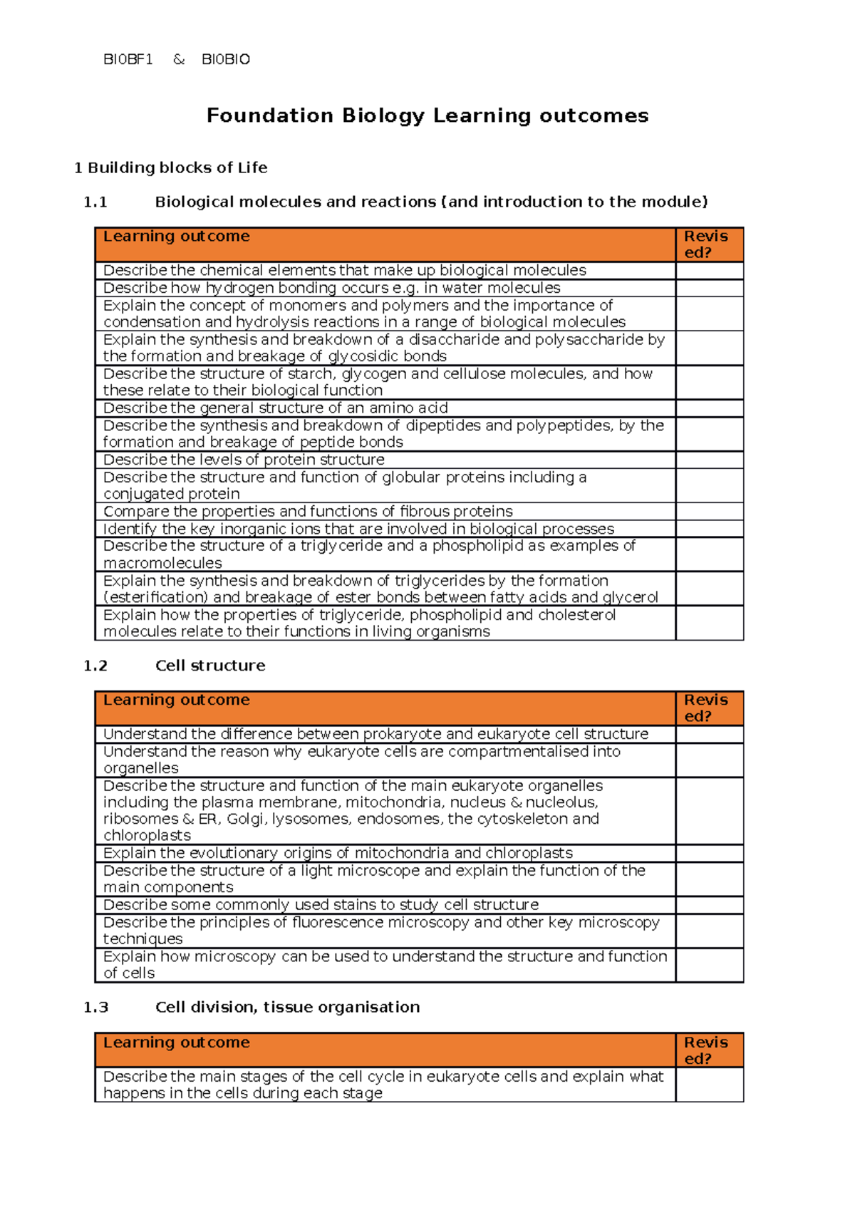 Foundation Biology Learning Outcomes: Key Concepts Overview - Studocu