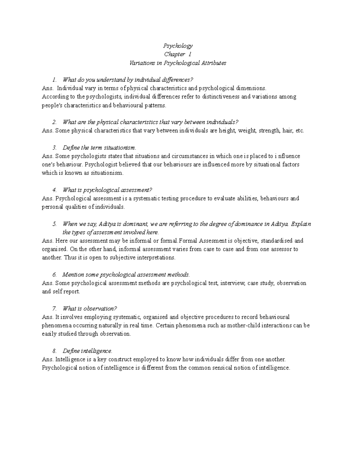 Psychology CH 1: Variations in Psychological Attributes and Individual ...