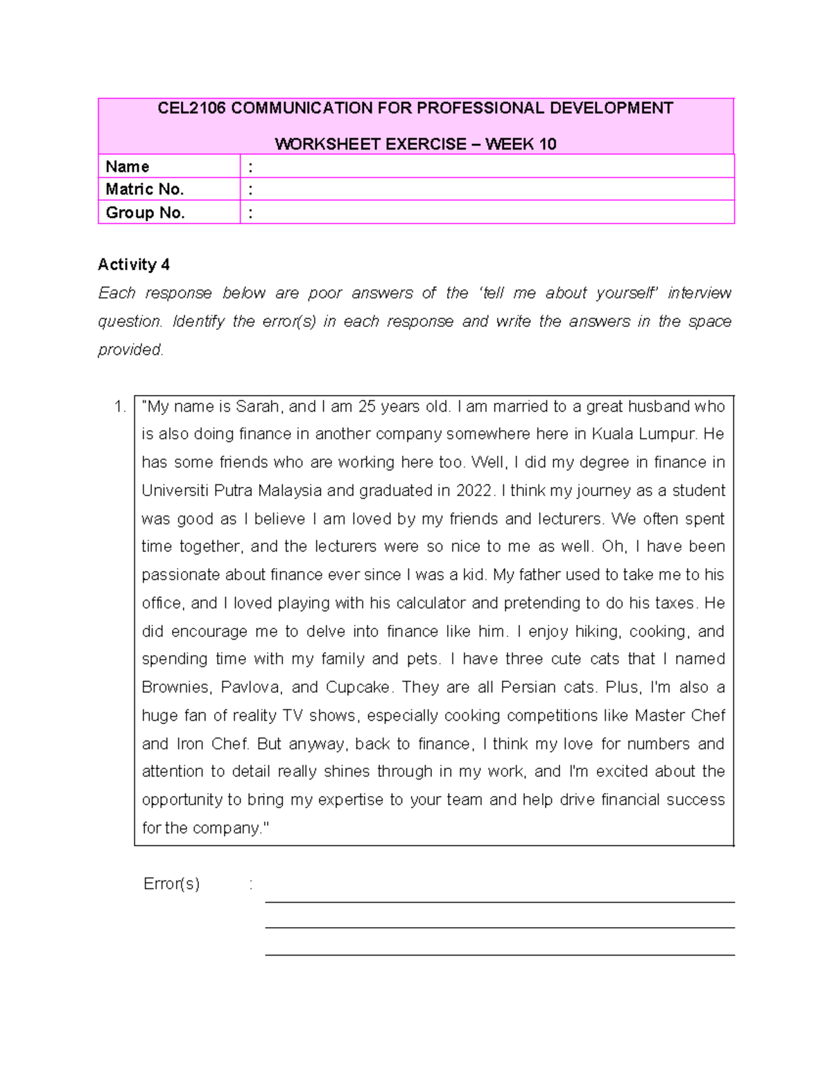 CEL2106 - Communication for Professional Development Worksheet Week 10 ...