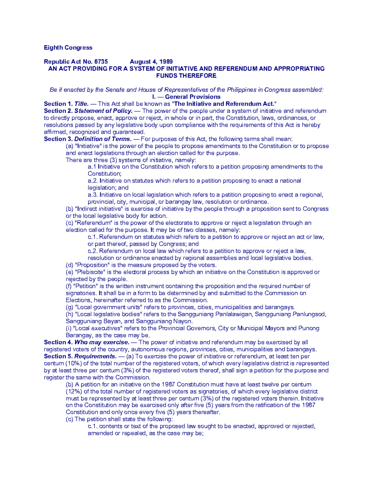 Consti 1 Reviewer: Initiative and Referendum Act Overview - Studocu