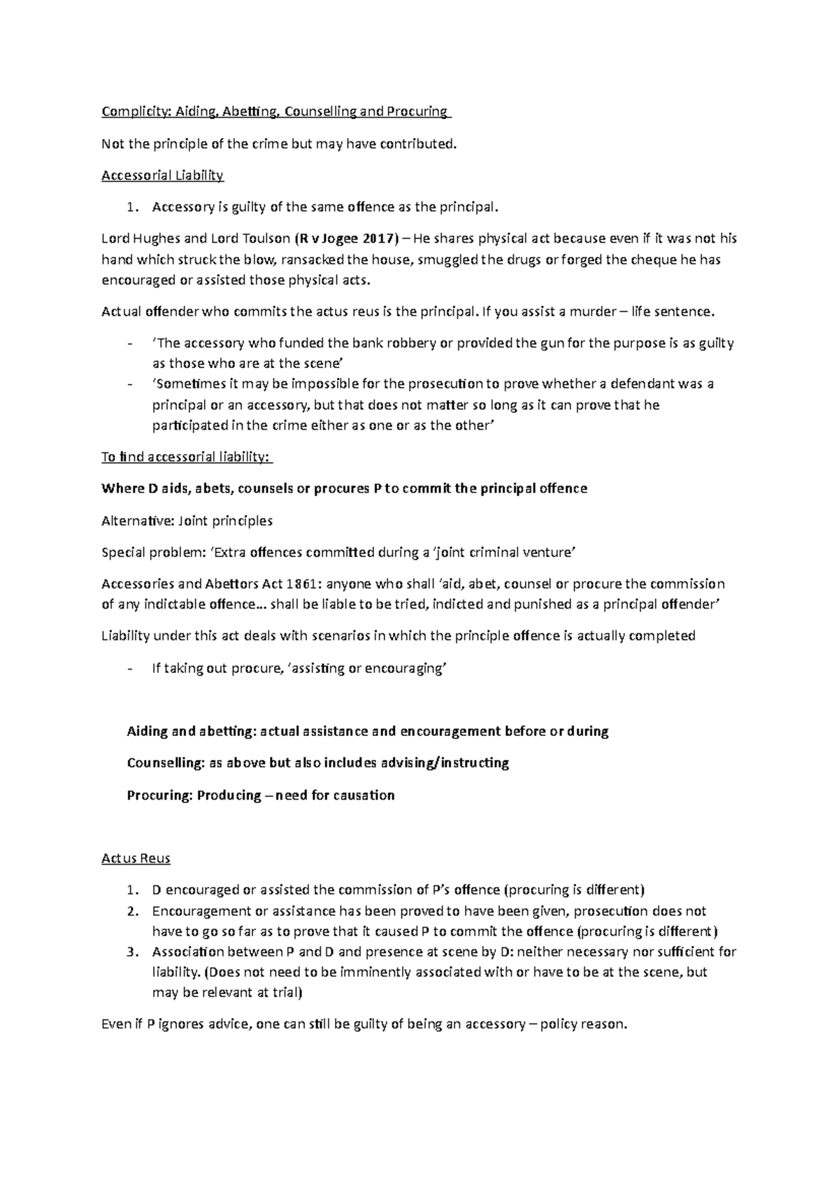 Lecture 17 - Understanding Complicity and Accessorial Liability - Studocu
