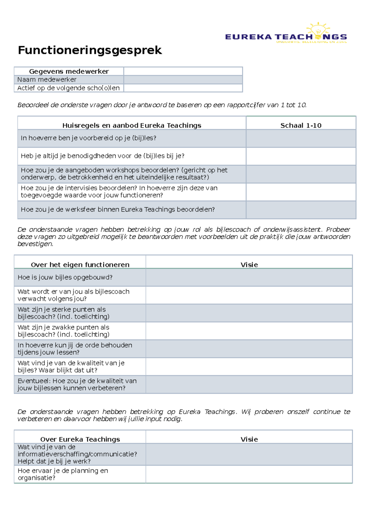 Format Functioneringsgesprek bij Eureka Teachings - ET - Studeersnel
