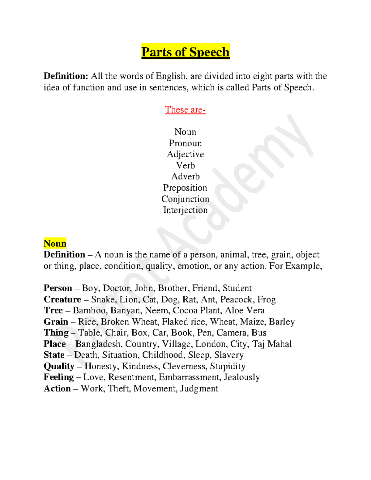 Parts of Speech: Definitions and Examples of English Grammar - Studocu