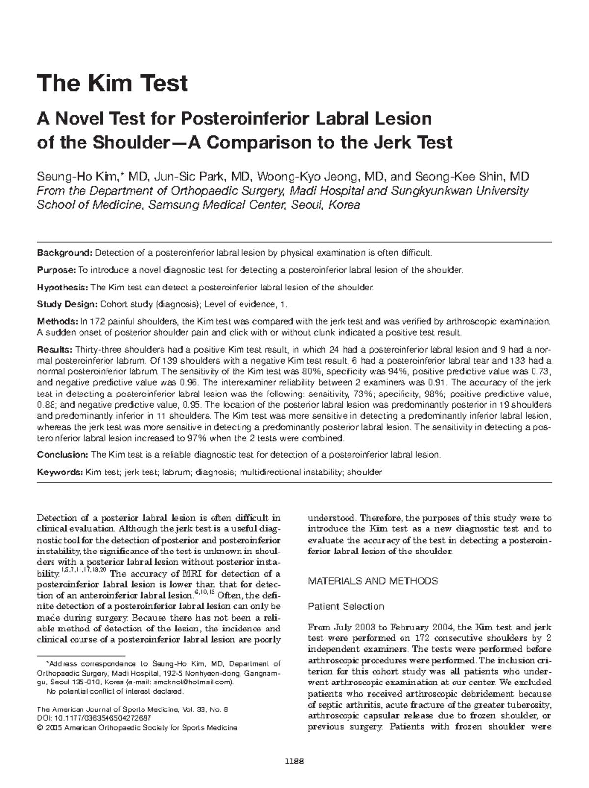 Kim et al 2005 the kim test a novel test for posteroinferior labral ...