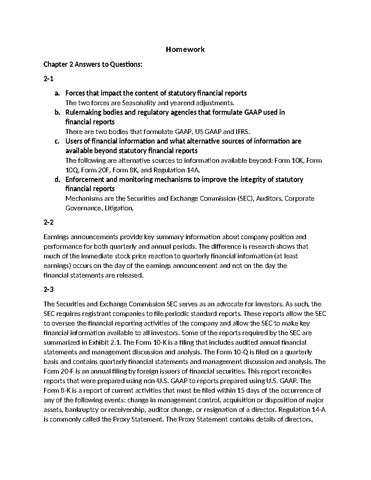 Chapter 2 and 3 Homework - Homework Chapter 2 Answers to Questions: 2 ...