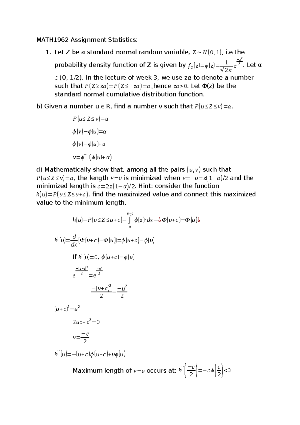 MATH1962 Assignment: Standard Normal Distribution Analysis - Studocu