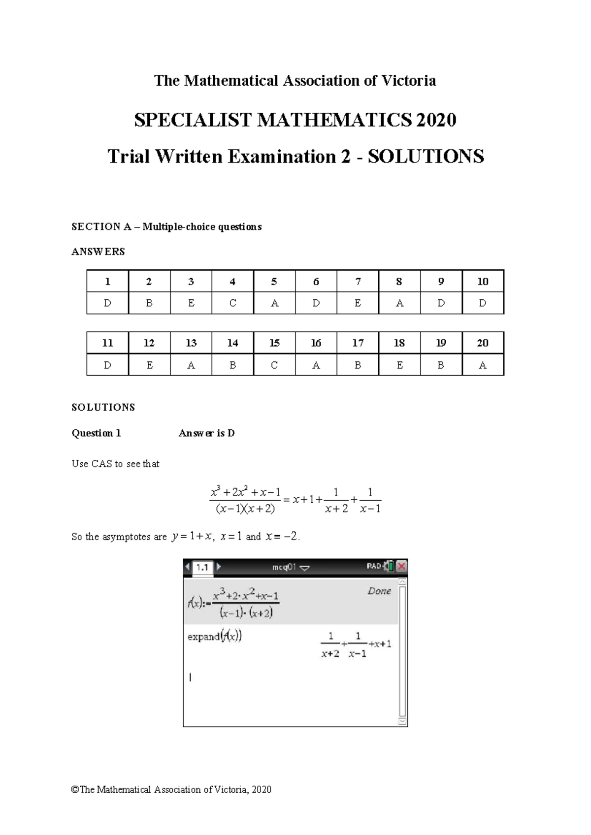 Specialist Mathematics Exam 1 Solutions 2020 - MAV - Studocu