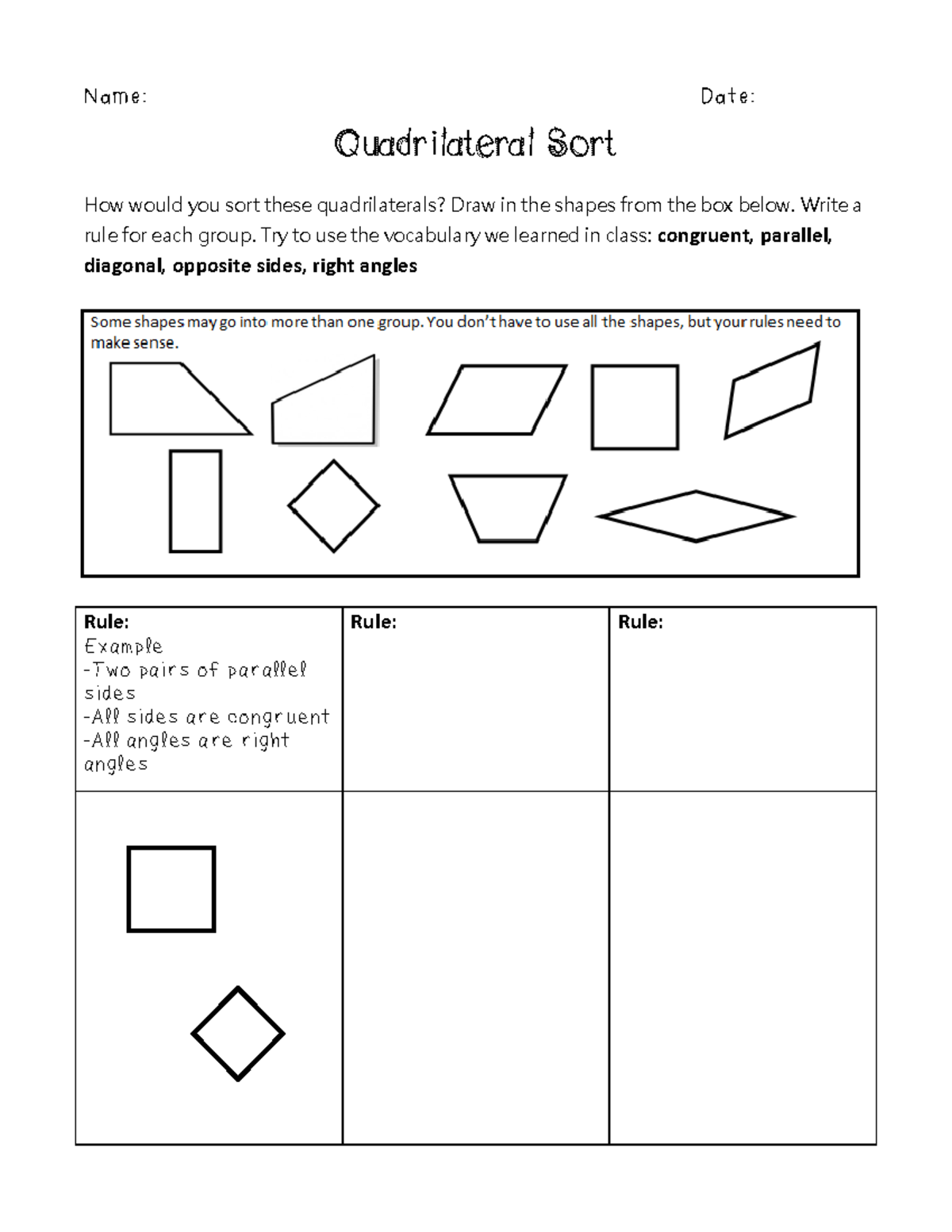 3 18 math part 2 worksheet - PHL-101 - Name: Date: Quadrilateral Sort ...