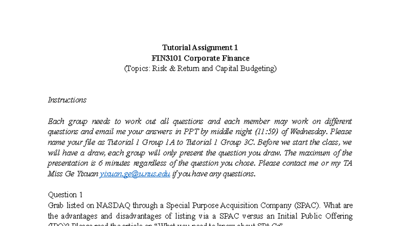 Tutorial Assignment 1: FIN3101 Corporate Finance - Risk, Return & Capital - Studocu