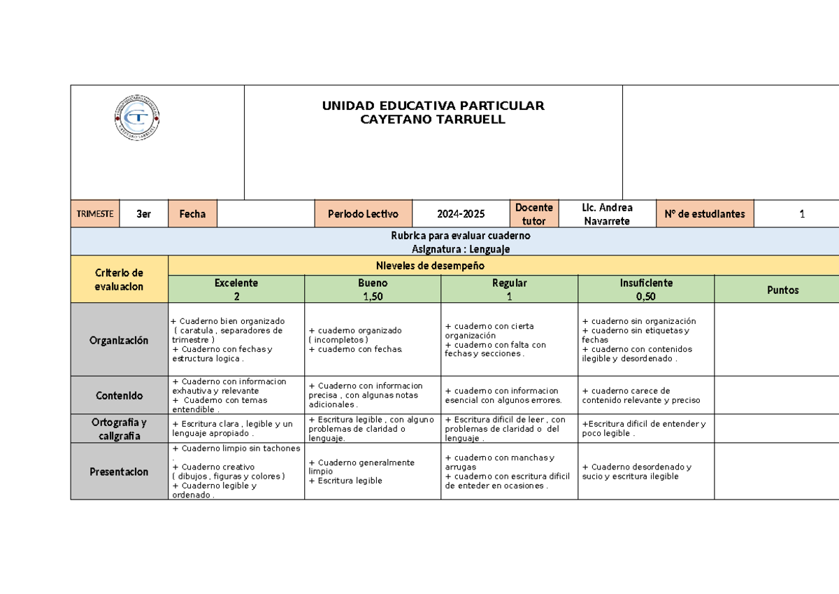 Rubrica para evaluar cuaderno - UNIDAD EDUCATIVA PARTICULAR CAYETANO ...