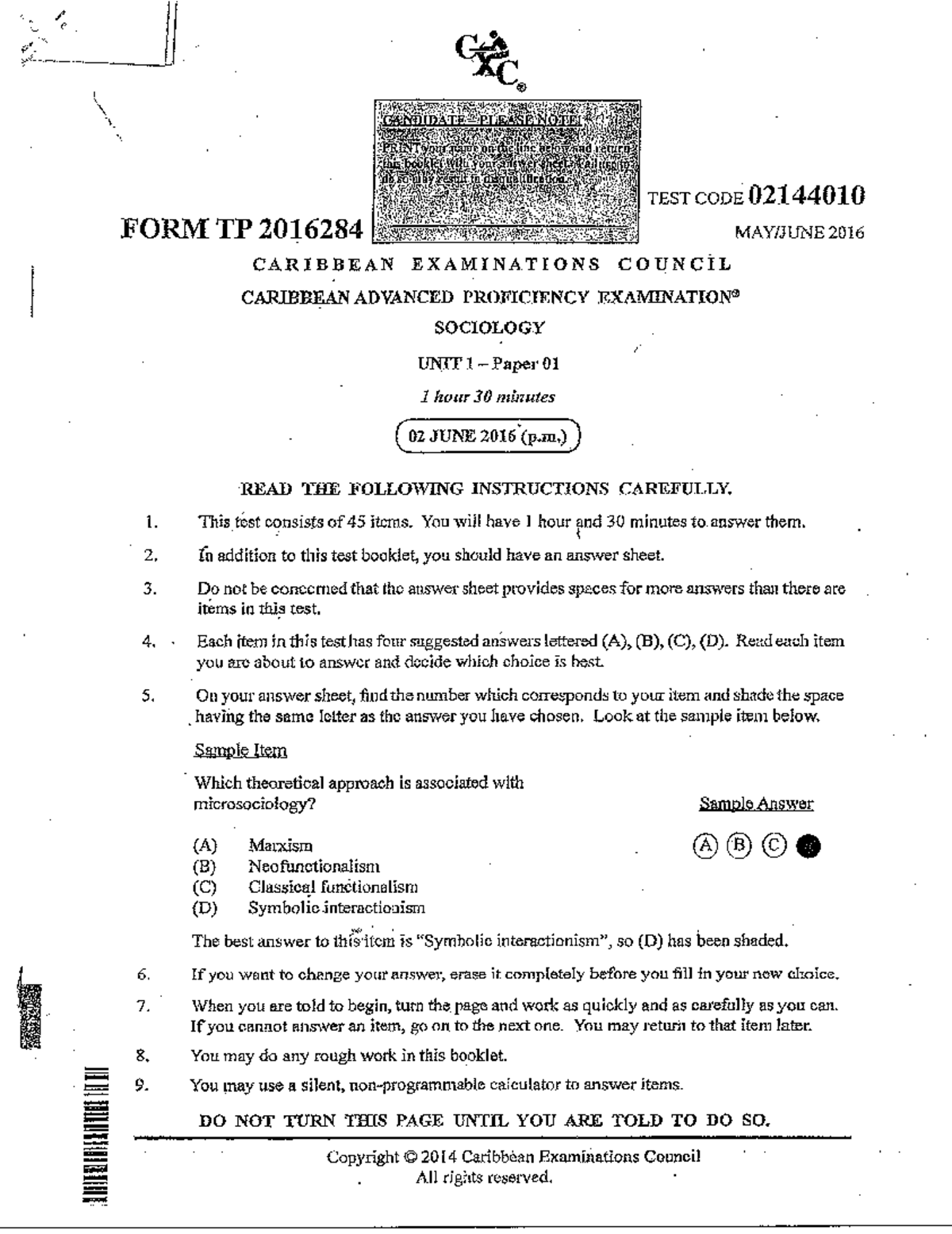 Sociology 2016 U1 P1 - CAPE Unit 1 Past Paper Exam - Studocu