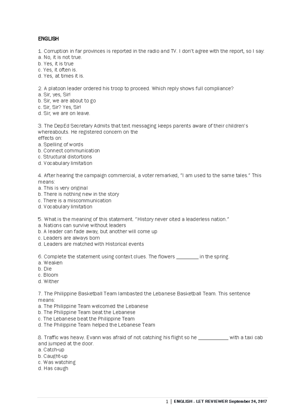 English Let Reviewer: Practice Questions and Rationalizations - Studocu